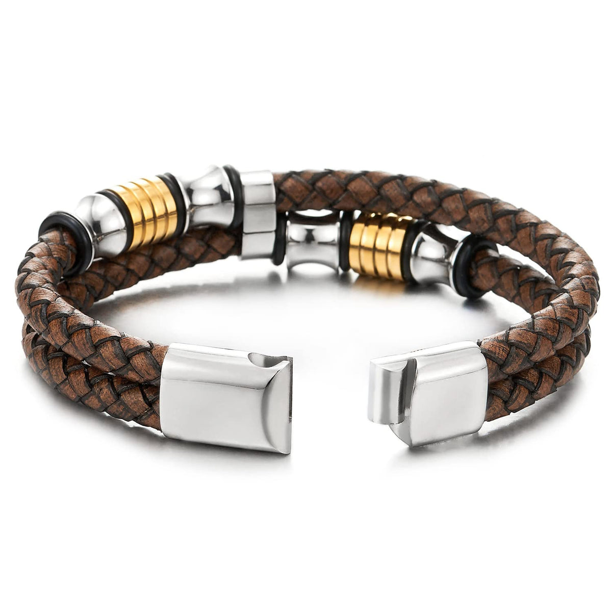 Men Double-Row Rough Rusty Brown Braided Leather Bracelet Bangle ...