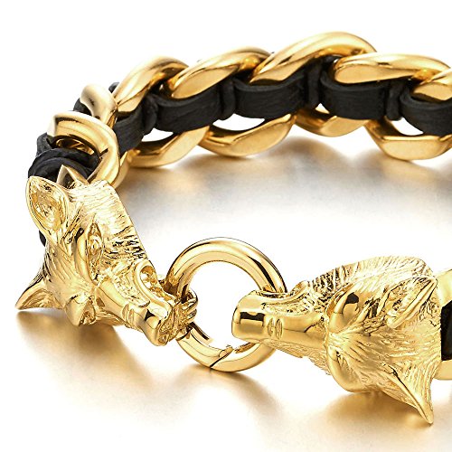 Stainless Steel Mens Wolf Head Curb Chain Bracelet Interwoven with ...