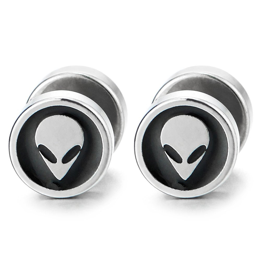 8MM Mens Women Steel Alien Skull Circle Stud Earring Black Enamel ...