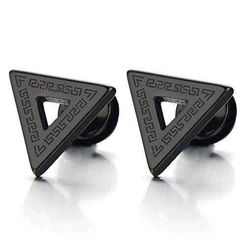 COOLSTEELANDBEYOND Stainless Steel Mens Triangle Stud Earrings with Greek Key Pattern Screw Back 2pcs Black